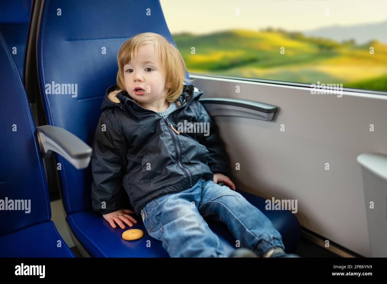 Toddler boy traveling by train. Little child sitting by the window in ...