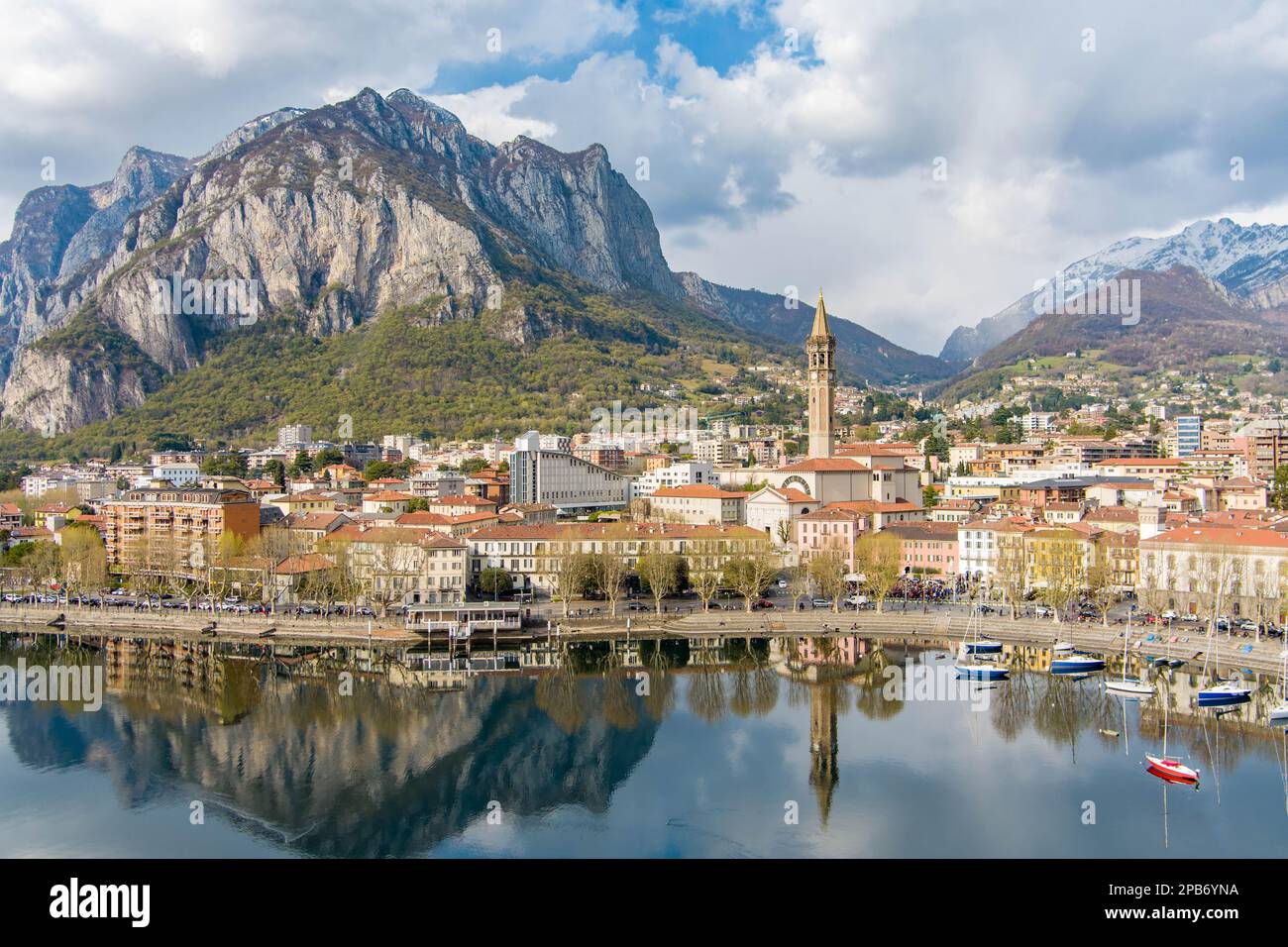 Sunny aerial cityscape of Lecco town on spring day. Picturesque ...