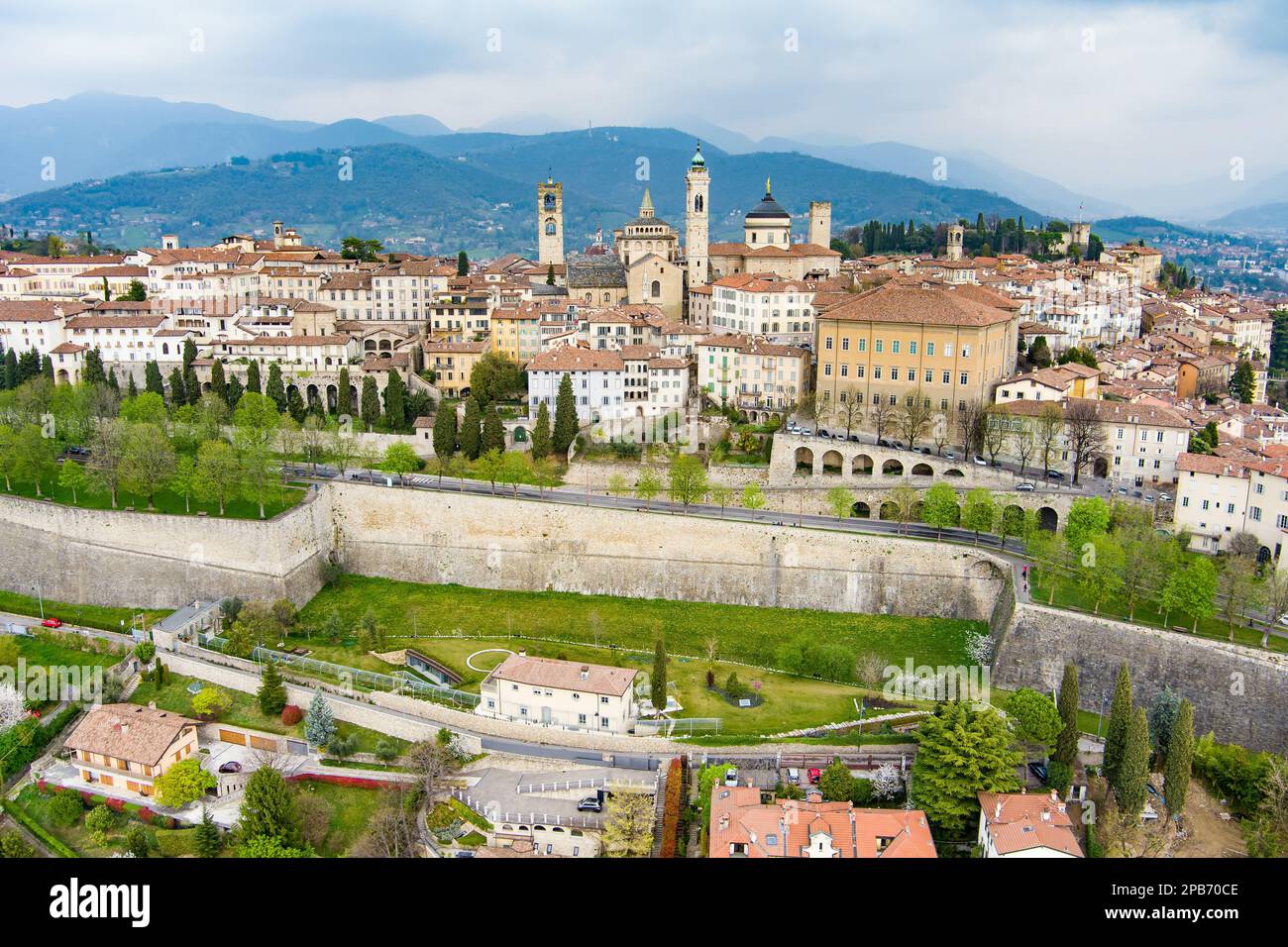 Scenic aerial view of Bergamo city northeast of Milan. Flying over ...