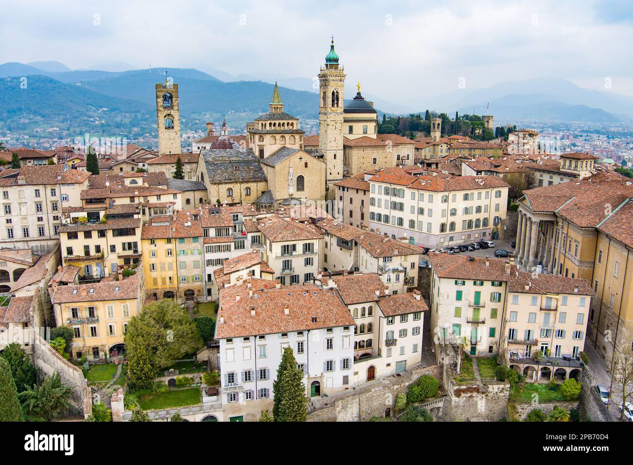 Scenic aerial view of Bergamo city northeast of Milan. Flying over ...