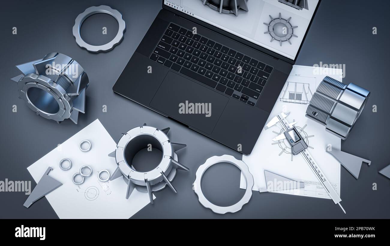 Engineer's desk while testing the quality of thread and fit mechanical ...