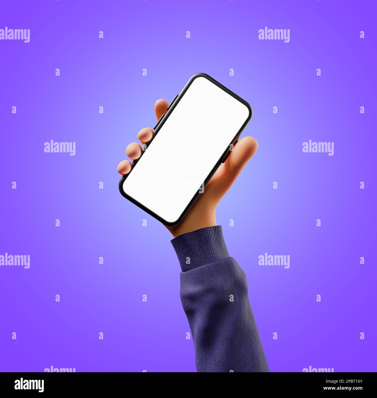 Cartoon hand use smartphone with blank screen - raised hand with phone ...