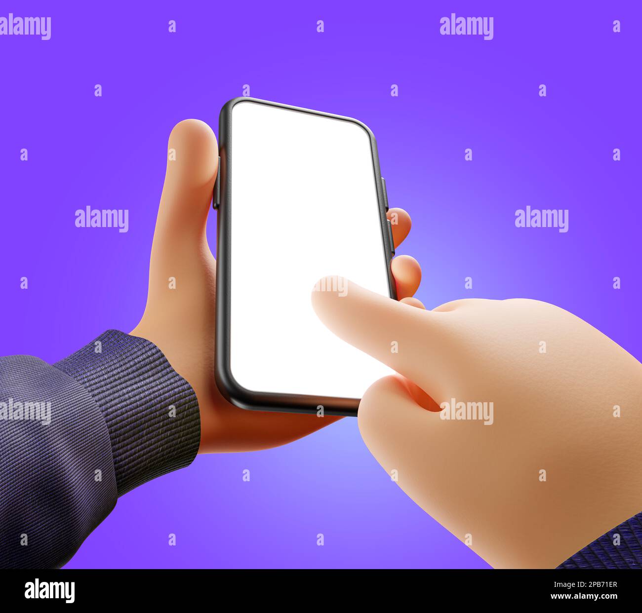 Cartoon hands use smartphone with blank screen - finger touching on ...