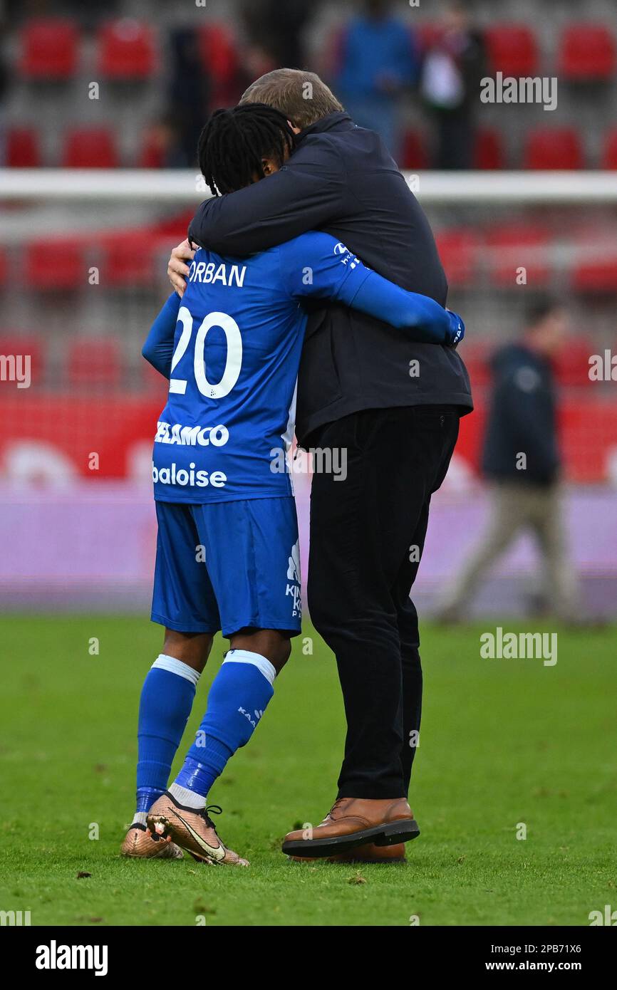 Gent's Gift Emmanuel Orban celebrates after winning a soccer match ...