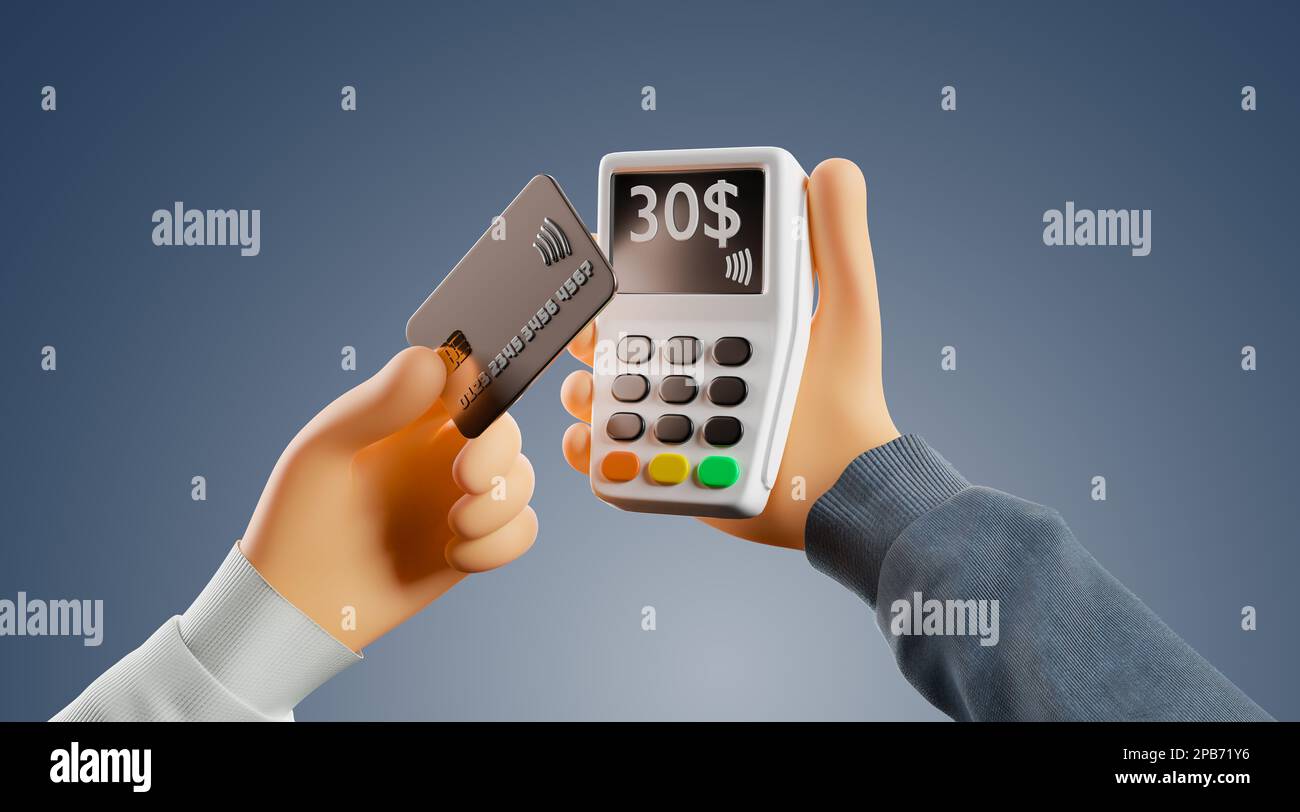 Card payment at a terminal in a shop or restaurant. hand and objects in ...