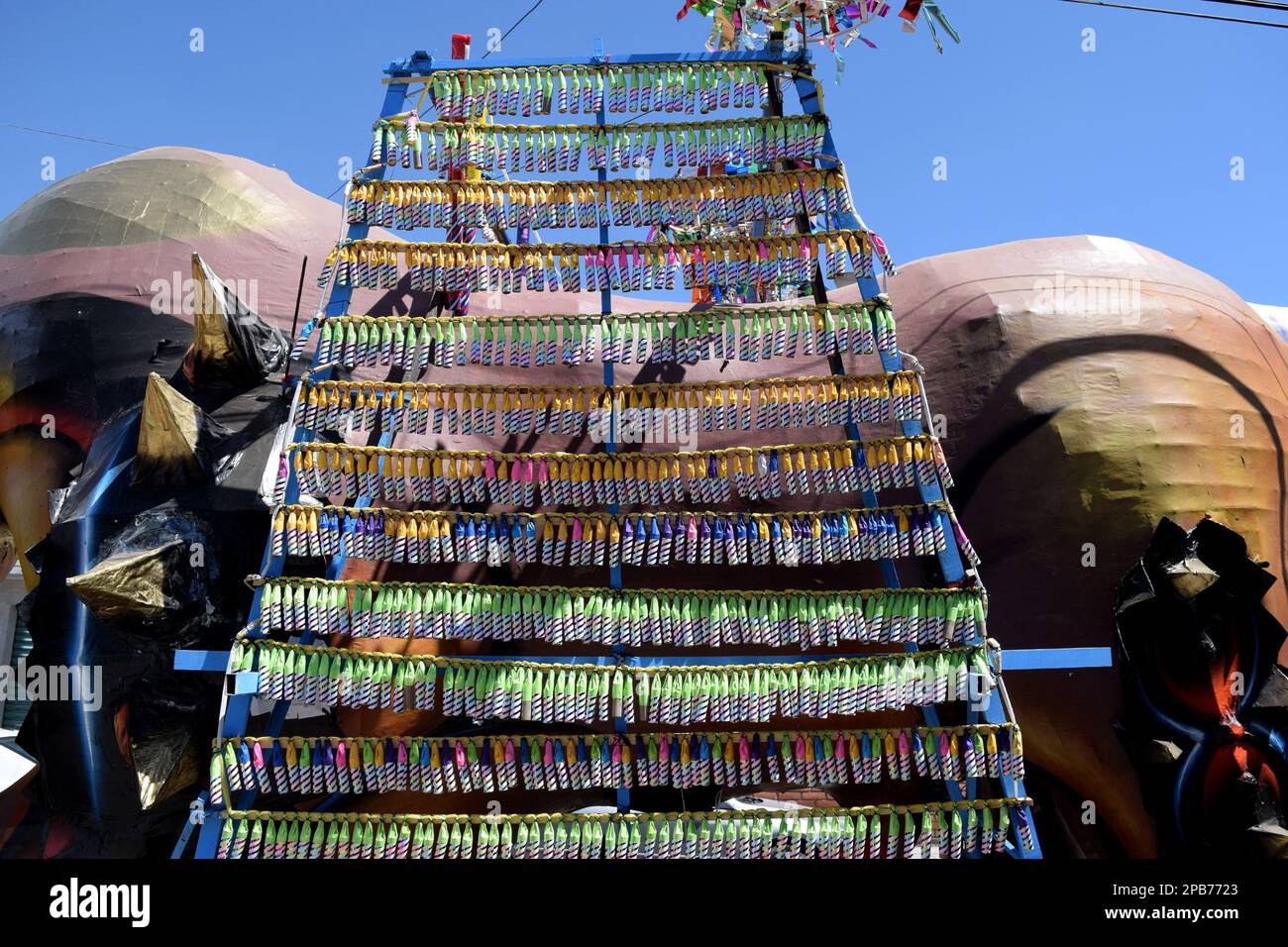 08 March 2023, Tultepec, Mexico: General view of monumental cardboard ...