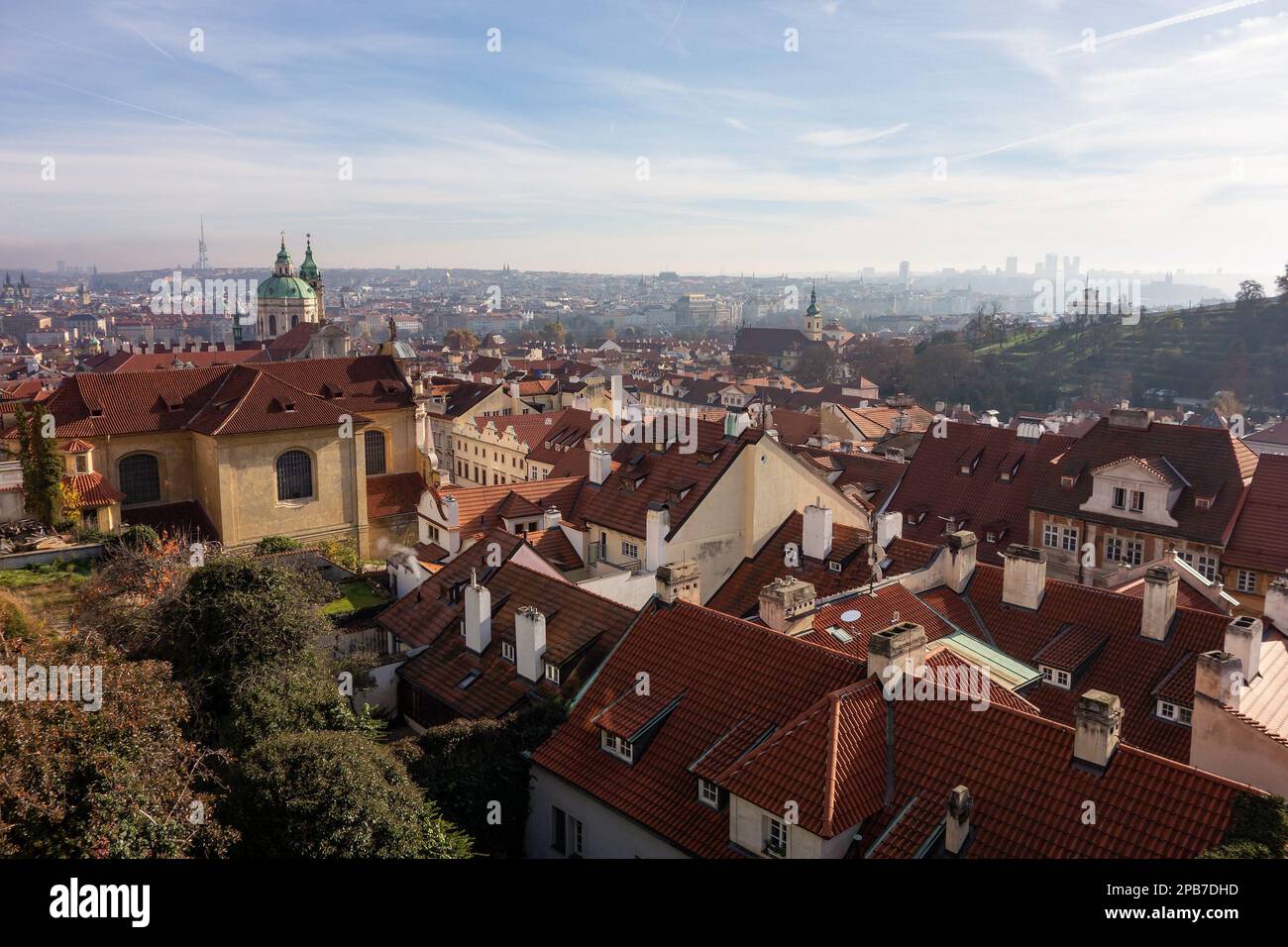 Panorama of Prague capital city, Czech Republic in morning fog with ...