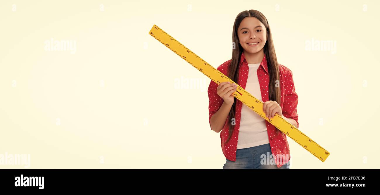 happy child hold ruler study mathematics at school isolated on white ...