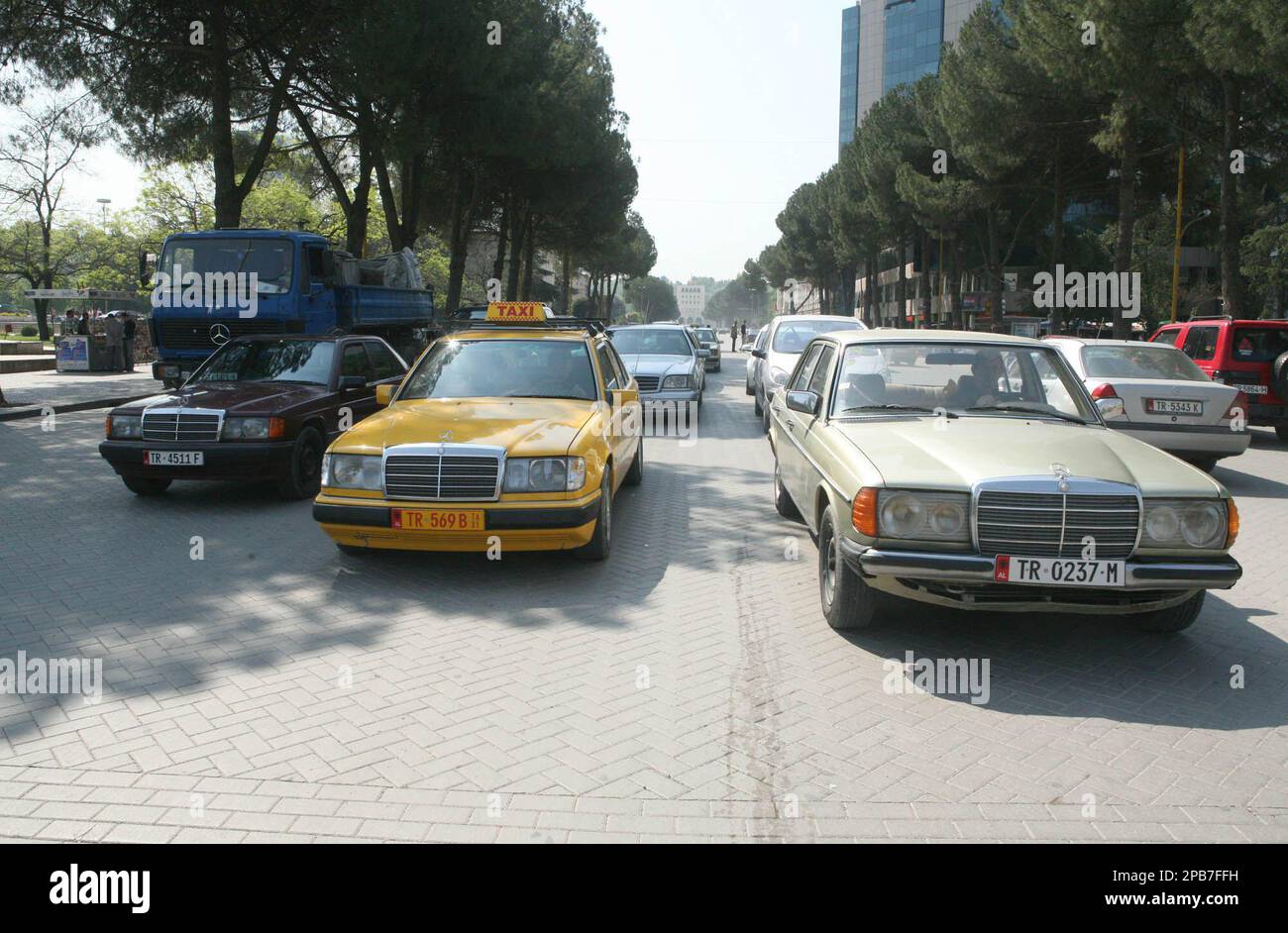 Mercedes-Benz cars drive in the streets of Tirana, Albania, April 20 ...