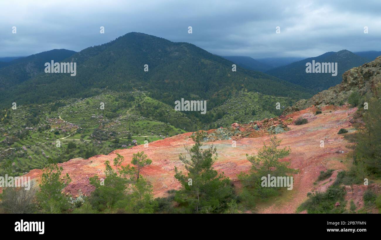 Abandoned open pit mine on mount Alestos, Cyprus, red soil rich of ...