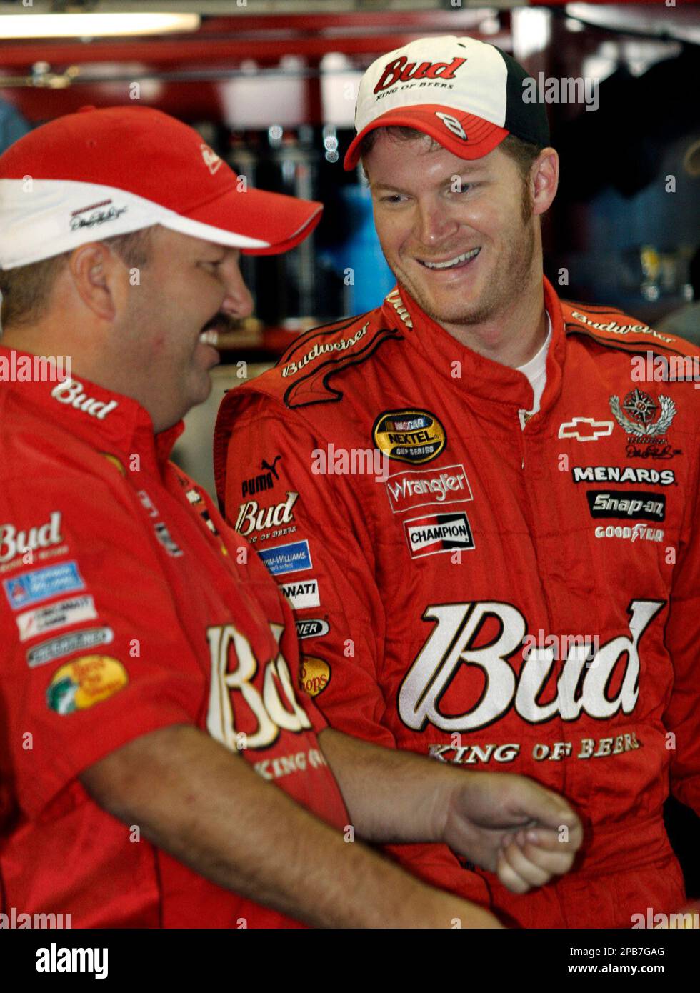 Dale Earnhardt Jr., right, laughs with crew chief Tony Eury Jr. during ...