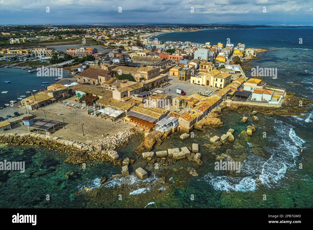 Aerial view of the Sicilian seaside village of Marzamemi. Marzamemi ...