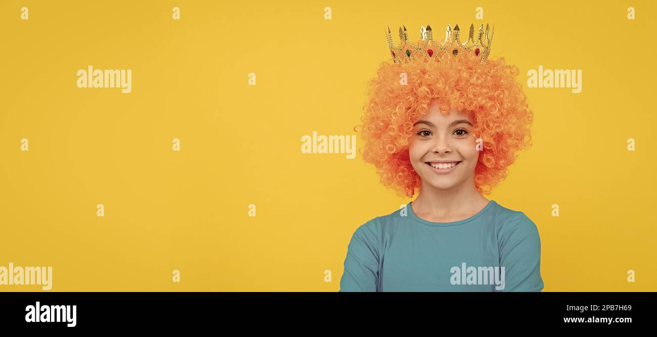 happy teen girl in fancy clown wig wear queen crown, girlish. Funny ...