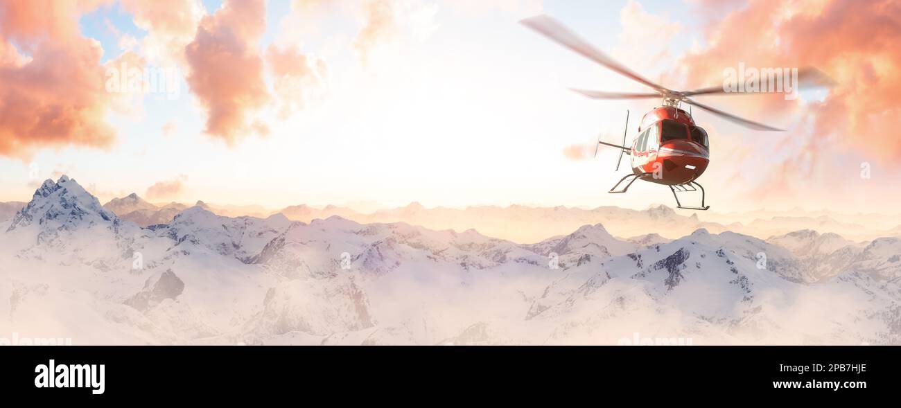 Helicopter flying over the Rocky Mountains during a colorful sunset ...