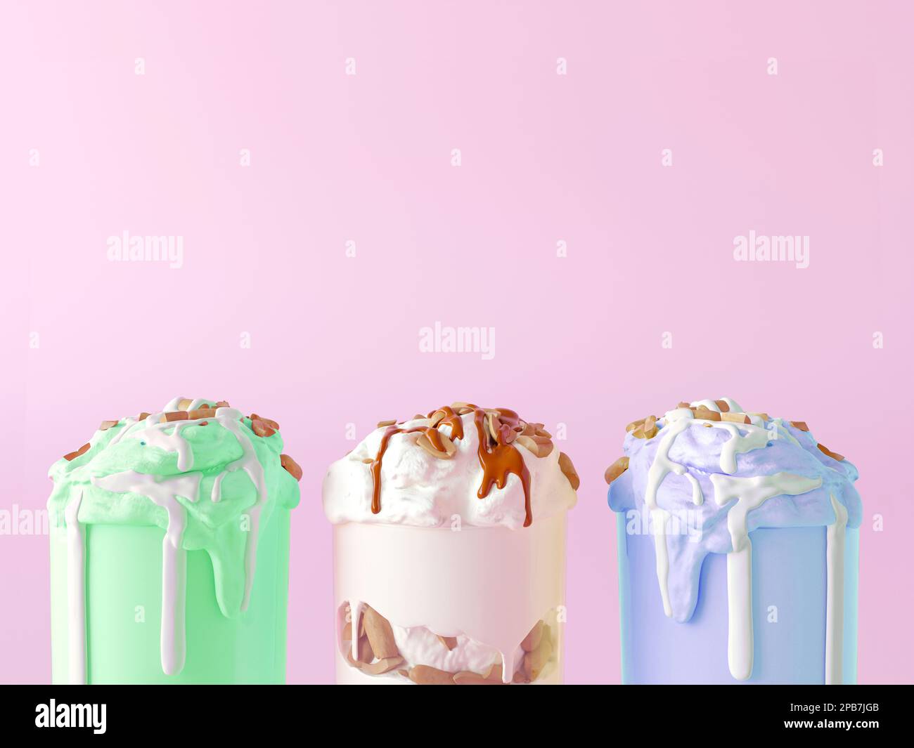 Ice cream milk cocktails in glass with topping souse and nuts. Place ...