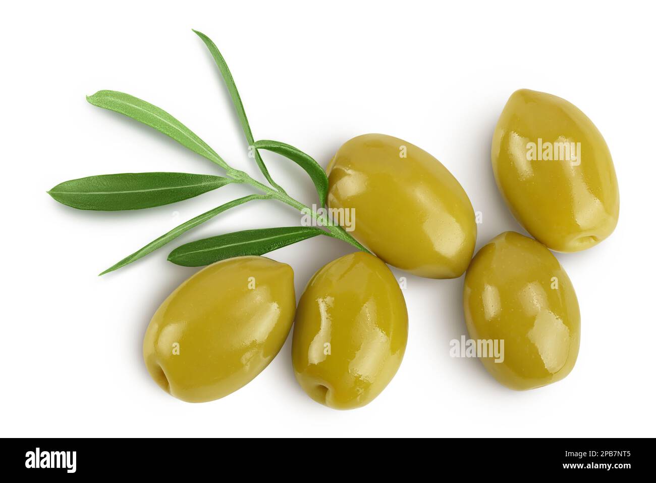 Green olives with leaves isolated on a white background with full depth ...