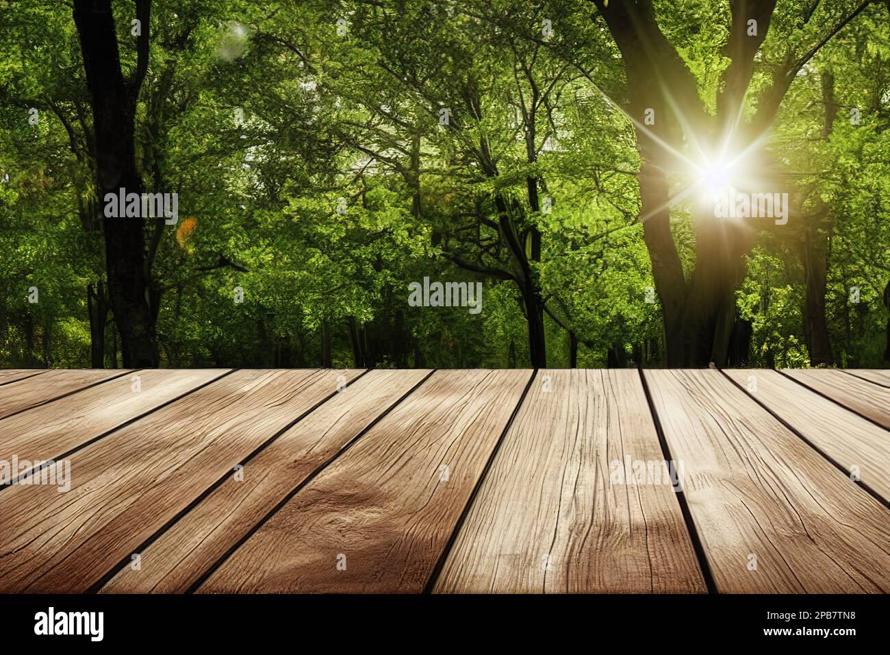 wooden table in a garden with the sun among the oak trees, AI Stock ...
