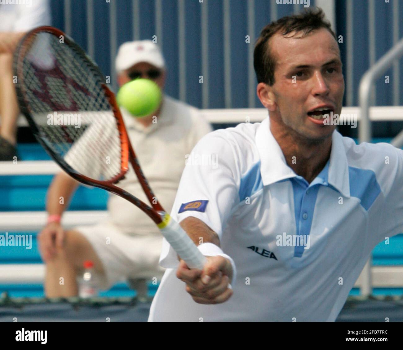 Radek Stepanek, from the Czech Republic, volleys against David Ferrer ...