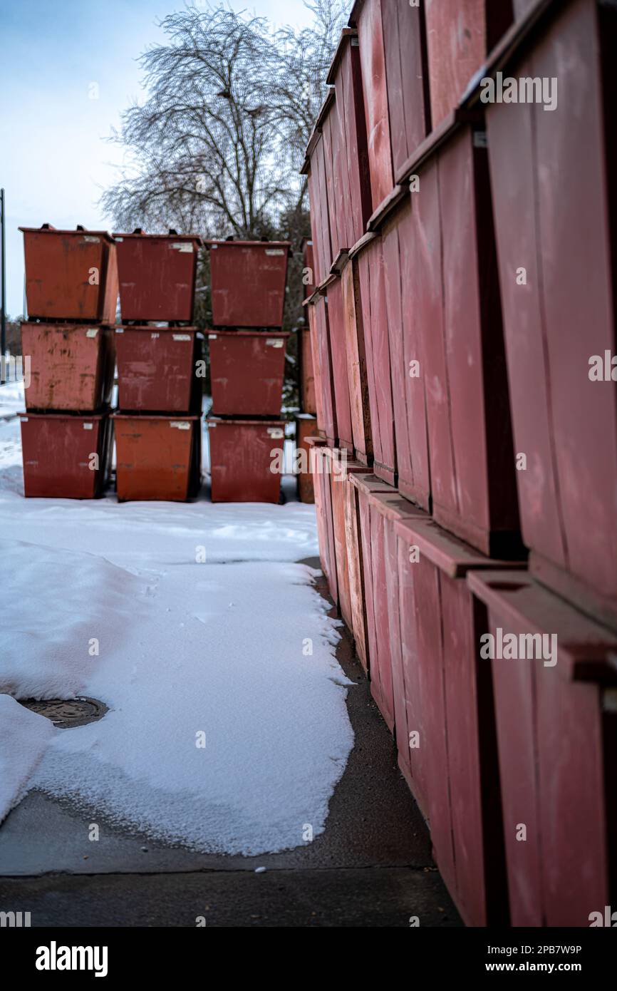 Red Grain Storage Containers in Winter Stock Photo - Alamy