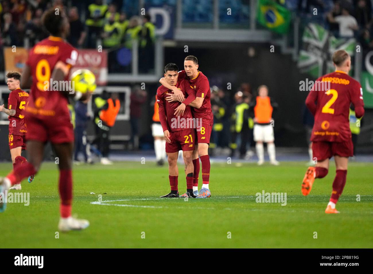 Roma's Paulo Dybala, left, celebrates with Roma's Nemanja Matic after ...