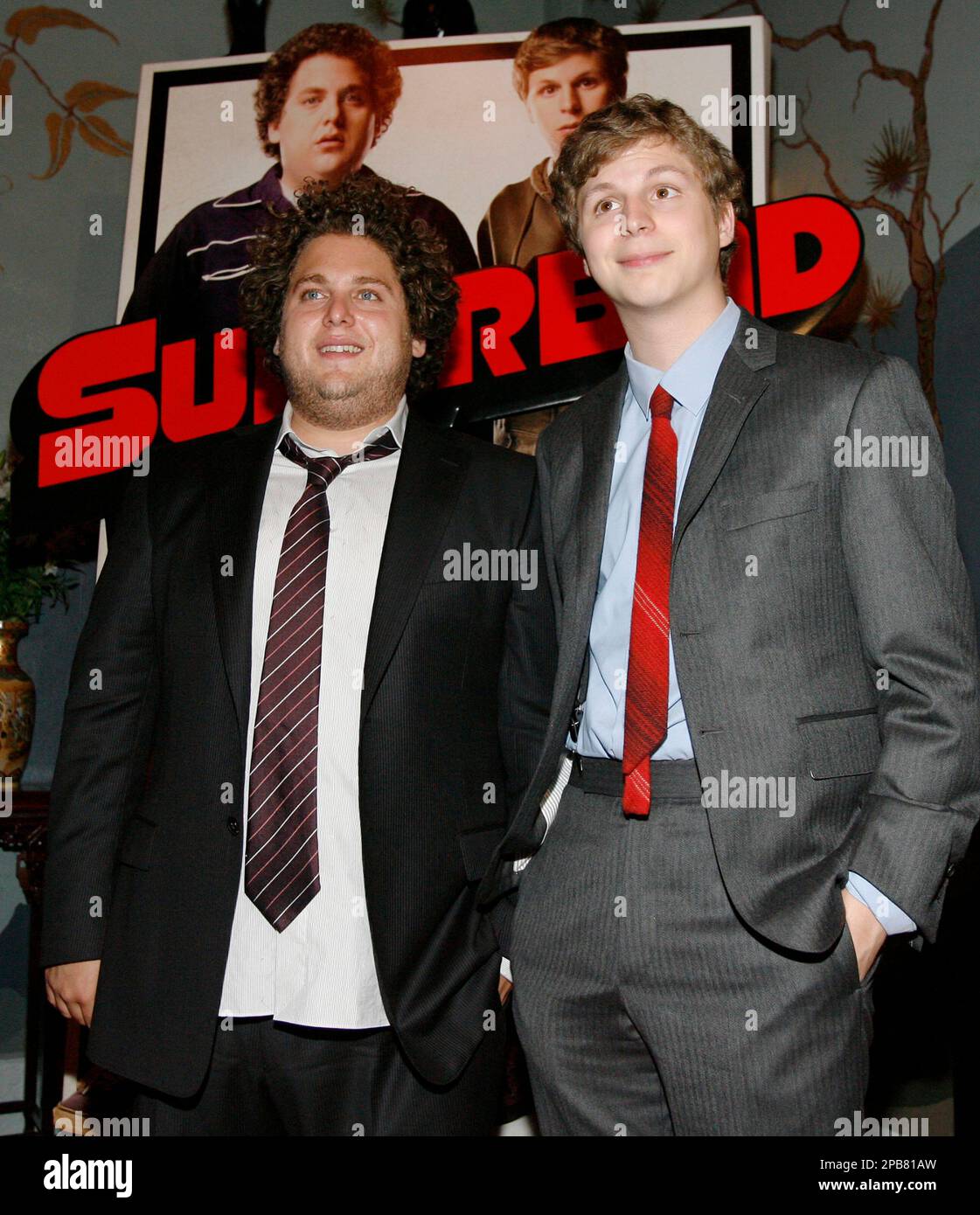 Jonah Hill, left, and Micheal Cera pose together at the premiere of ...