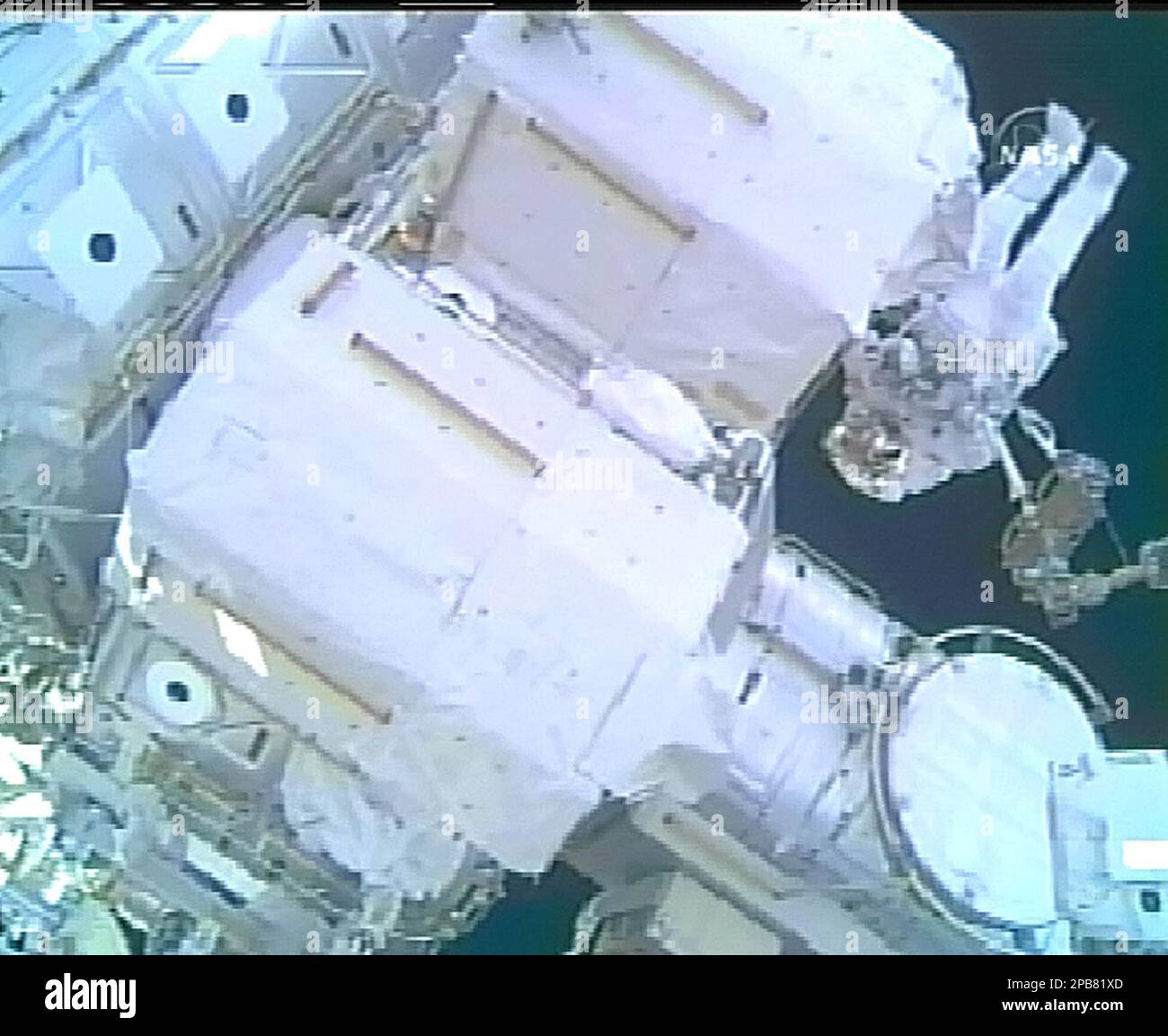 In this image from NASA television, space shuttle Endeavour astronaut ...