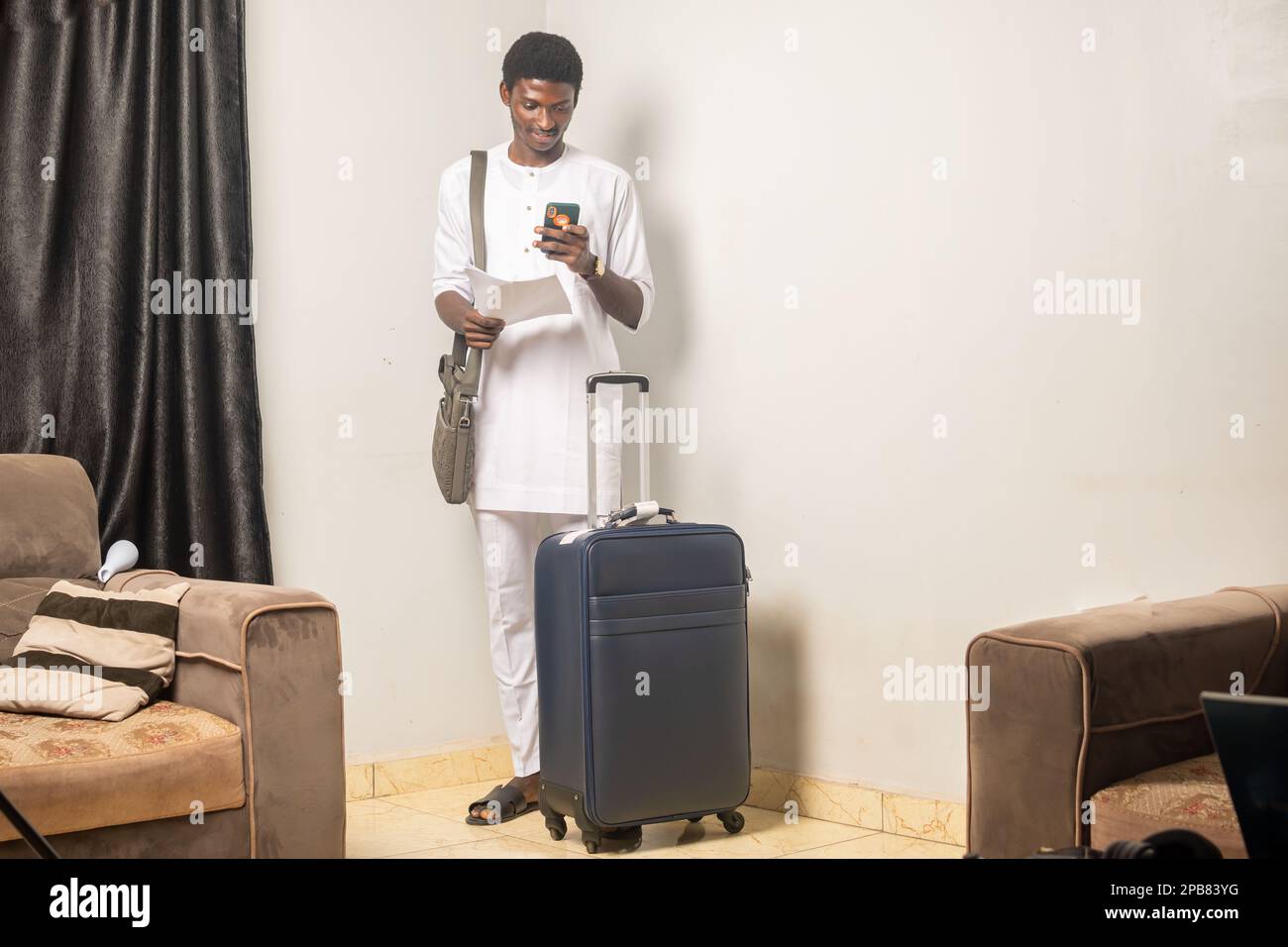 Full length body size side profile photo of man carrying his baggage ...