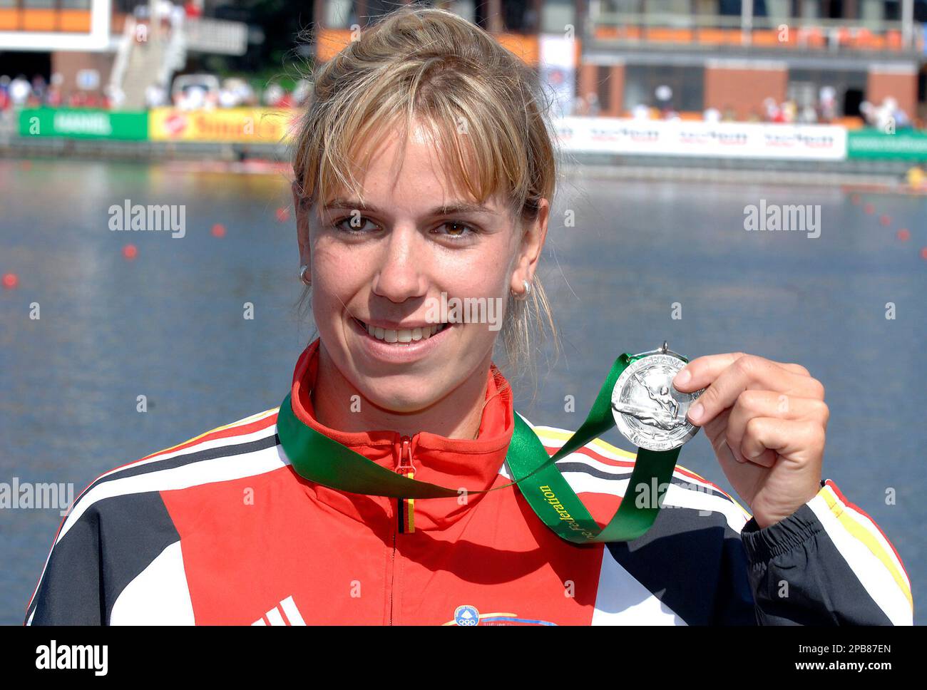 Fredericke Leue from Germany presents her silver medall during the ...