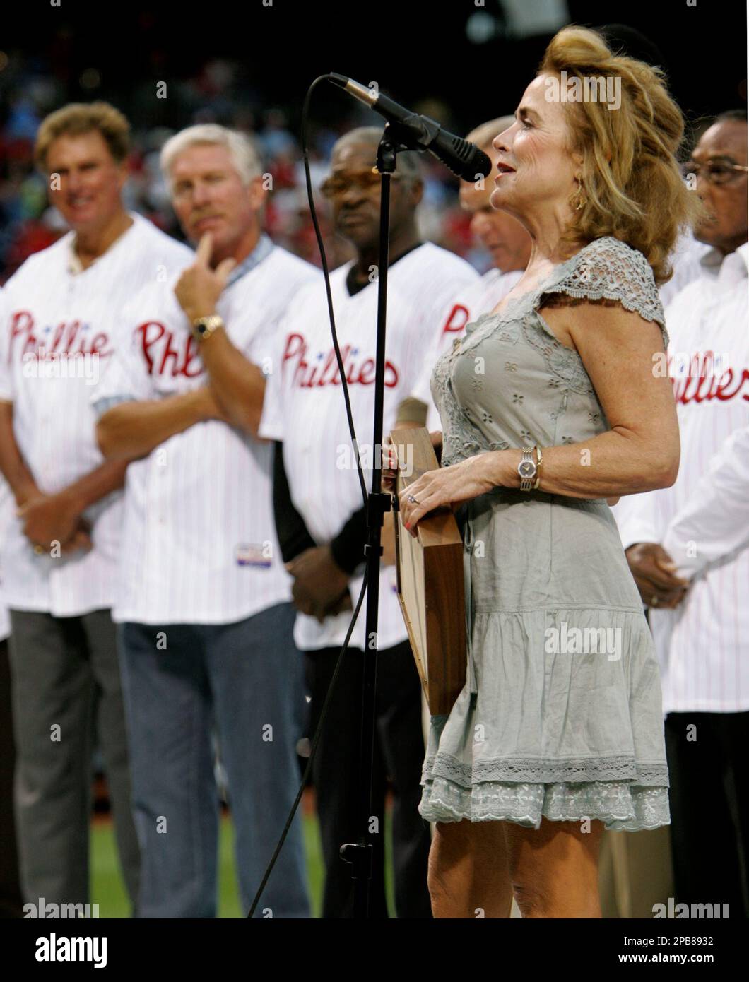 Bonnie Vukovich speaks to fans at the Philadelphia Phillies ballpark ...