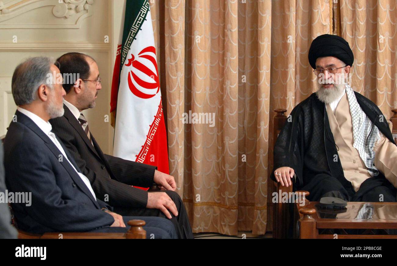 Iranian supreme leader Ayatollah Ali Khamenei, right, talks with Iraqi ...