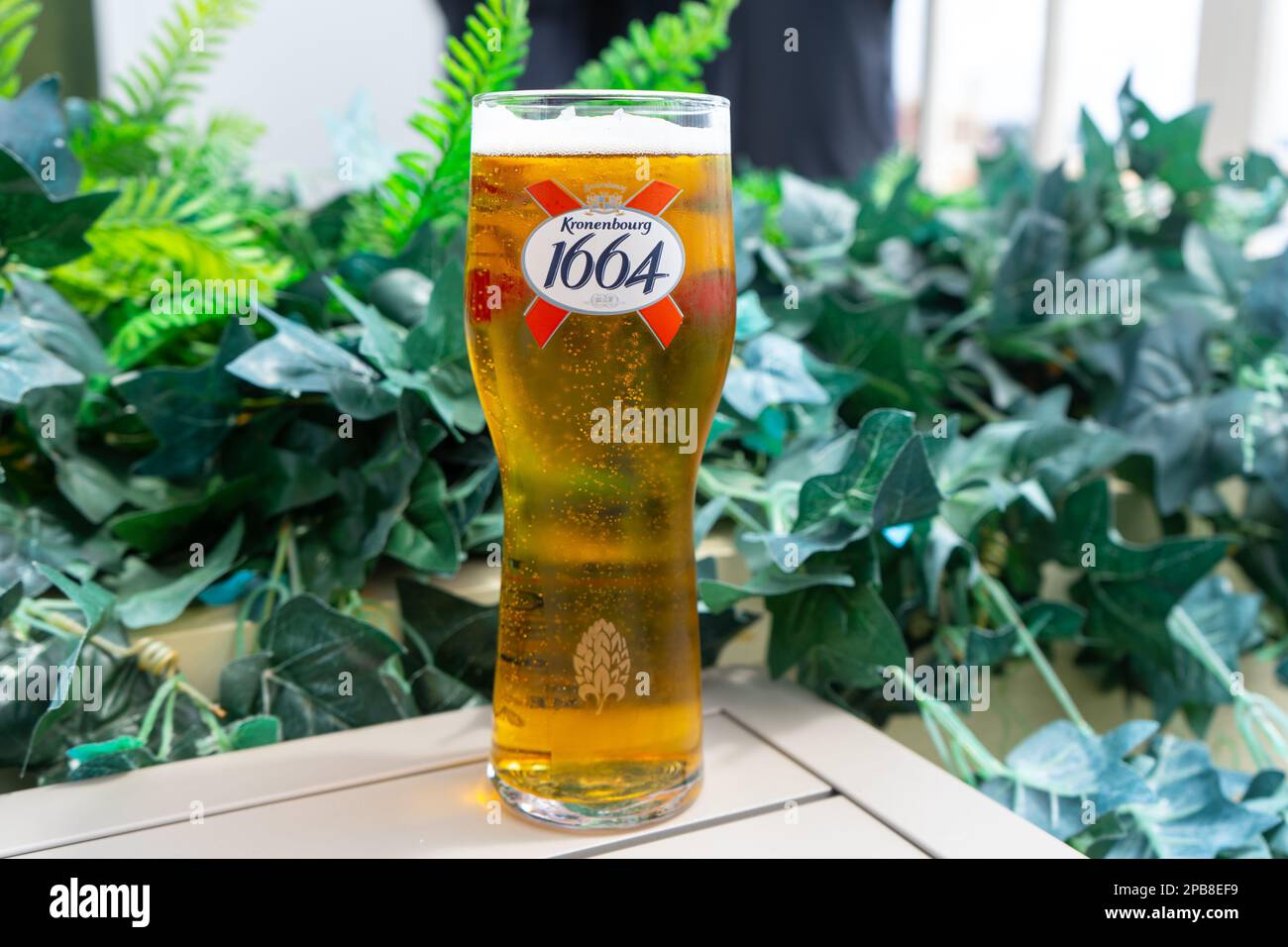 full beer mug on green background on table Stock Photo - Alamy