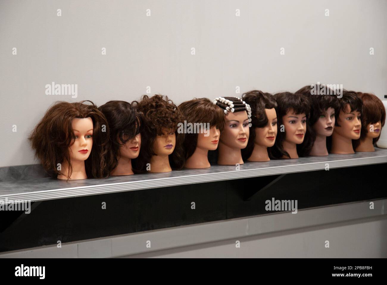 A row of beauty heads featuring various hairstyles , made by students ...