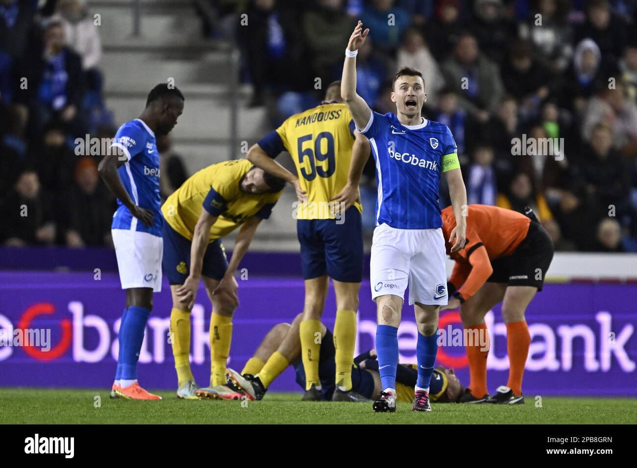 Genk's Bryan Heynen reacts during a soccer match between KRC Genk and ...