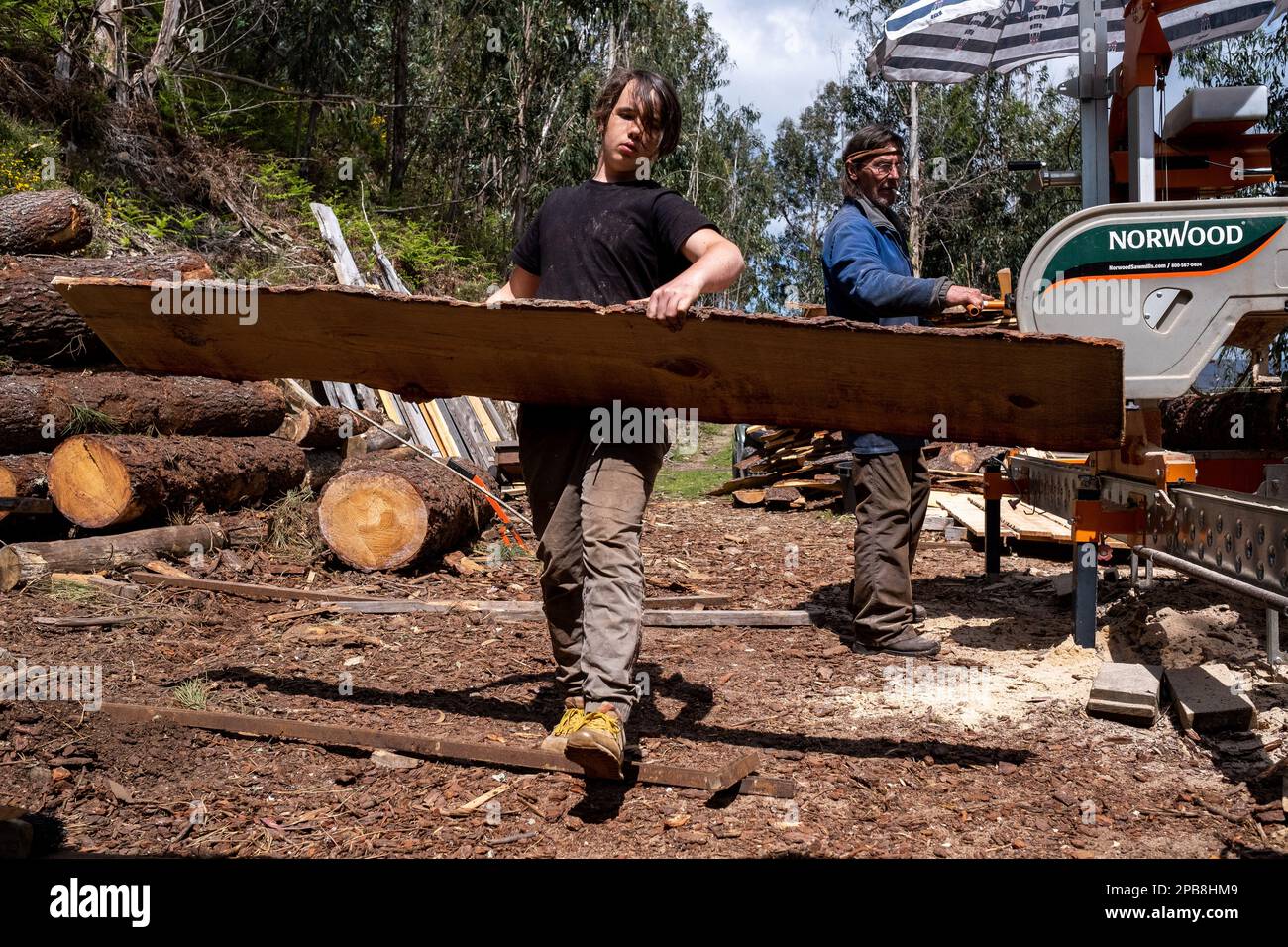 People involved in carpentry work at the eco-village of Loural in the ...