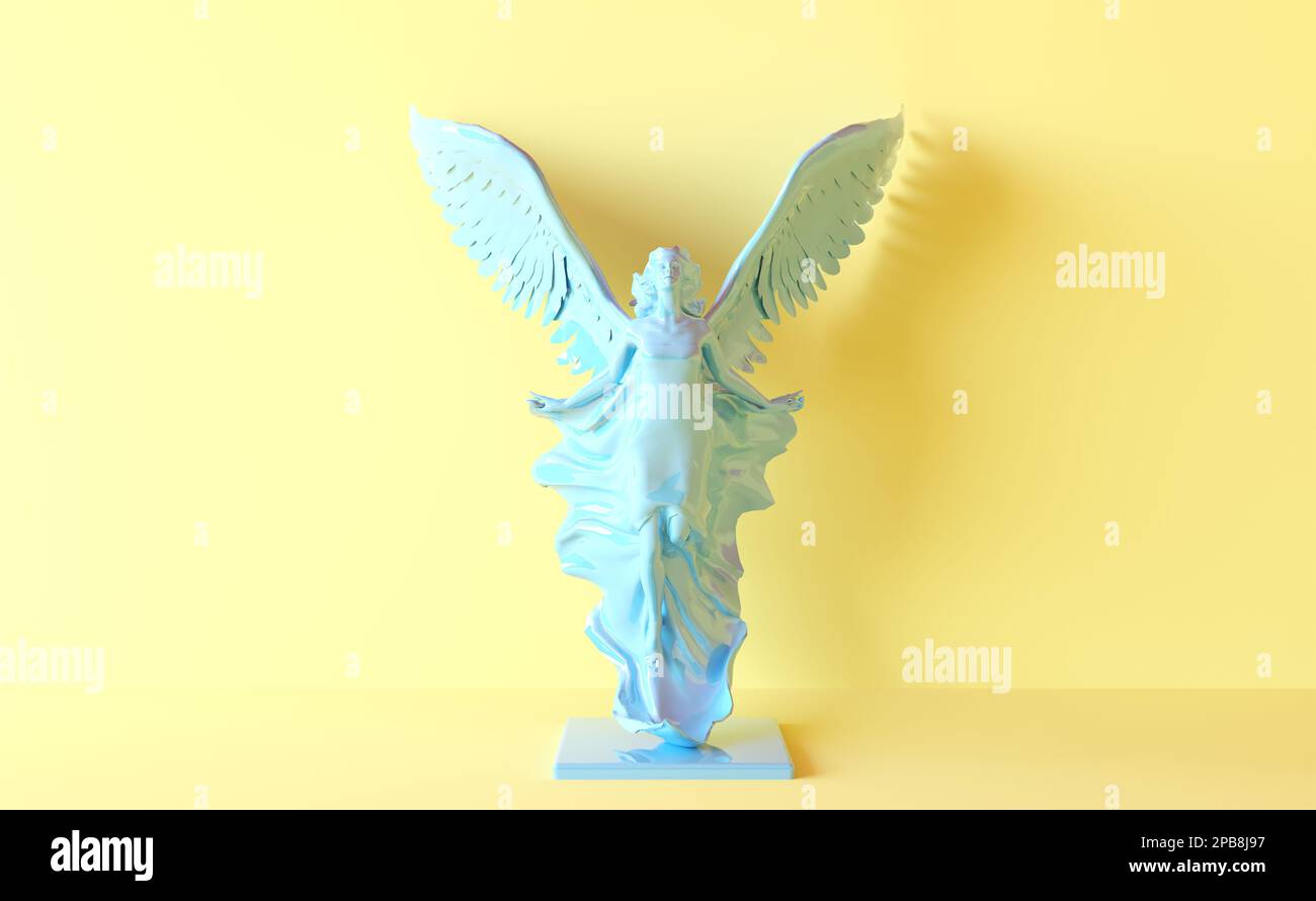 Minimal scene with angel statue. Tasty yellow blue colors. Trendy 3d ...