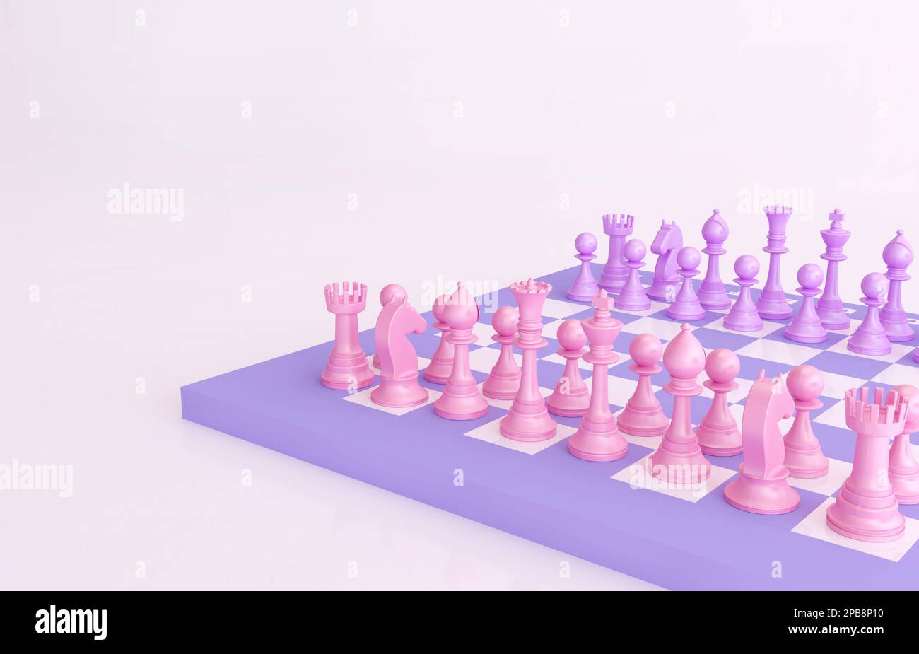 Chess board, pink and purple chess figures on a desk, start position ...