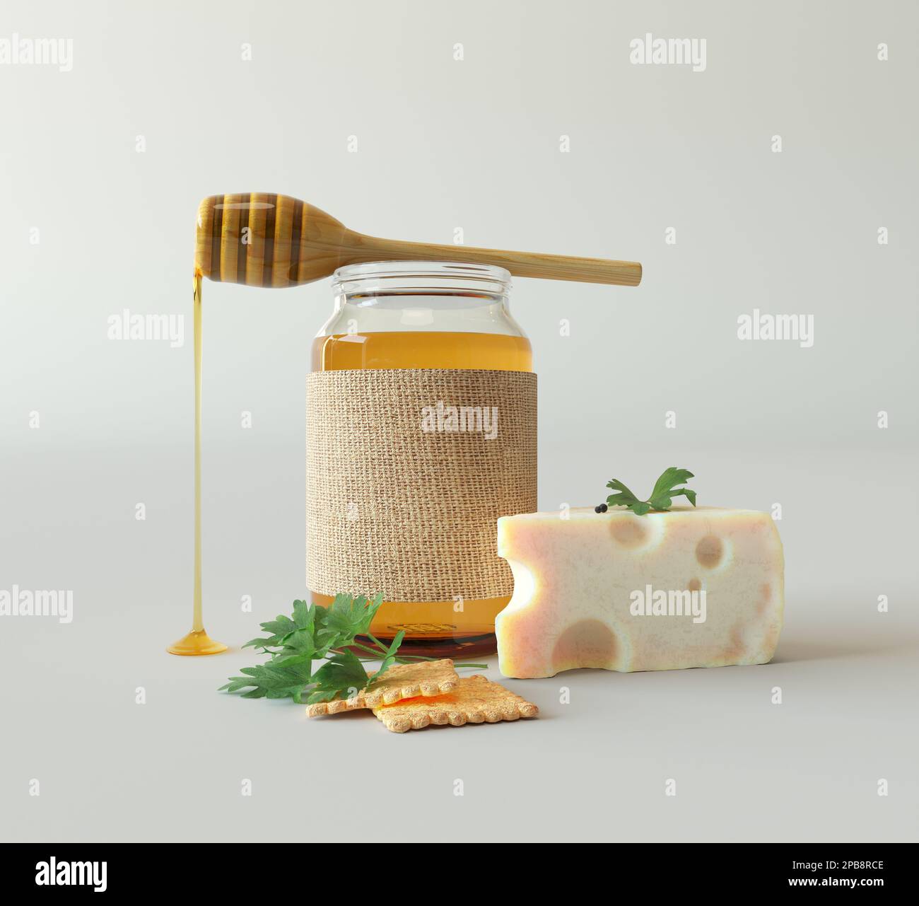 Jar and barrel of honey with Cheese with holes, parsley, cracker ...