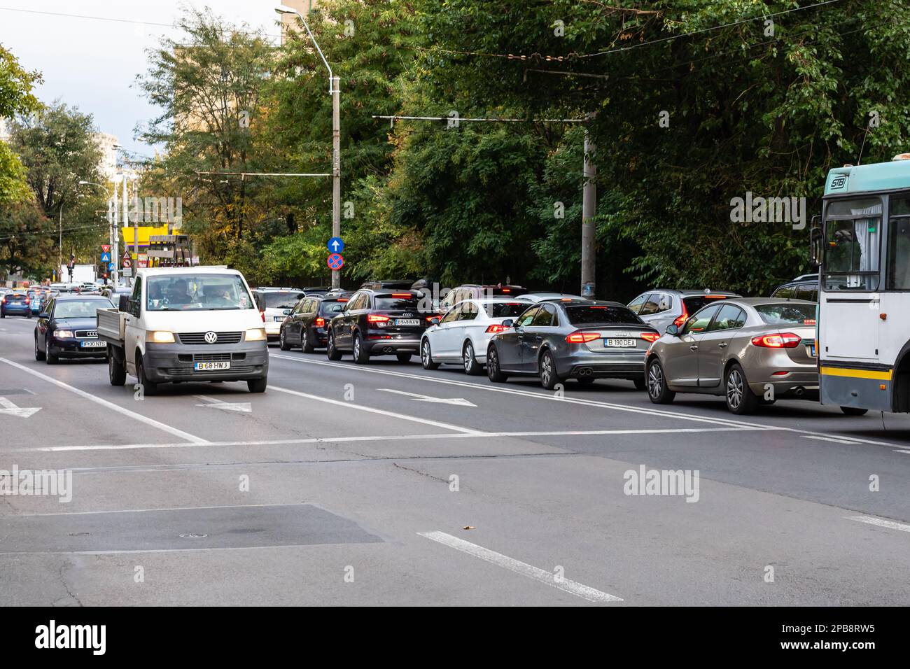 Car traffic at rush hour, car pollution, traffic jam in Bucharest ...