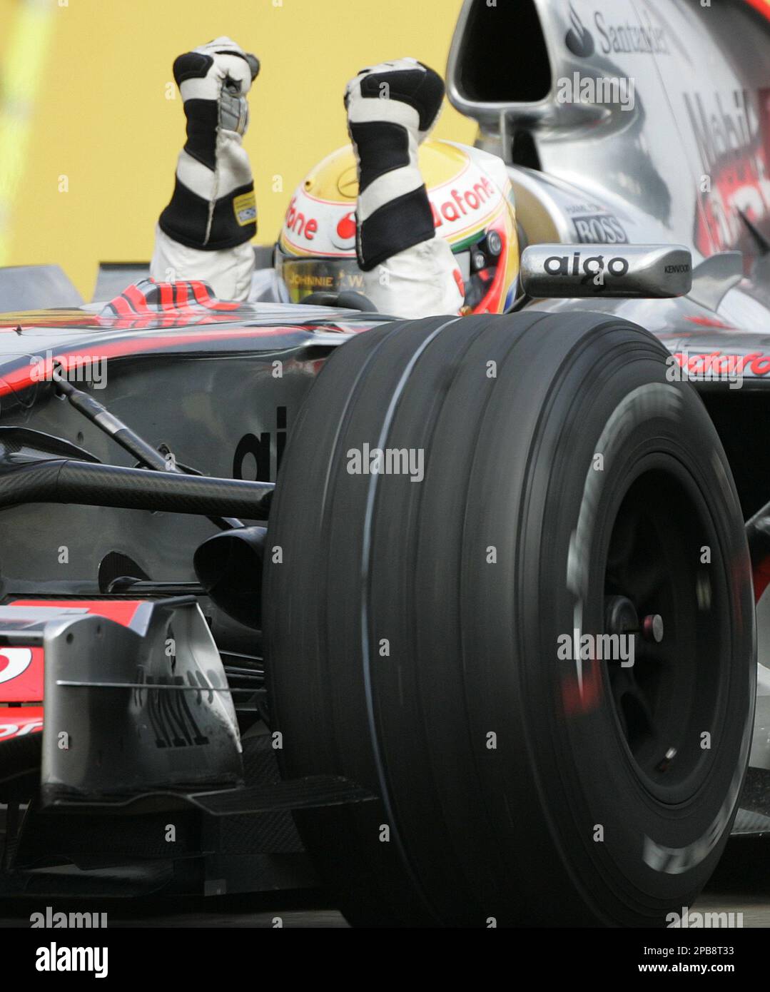 British McLaren Mercedes Formula One driver Lewis Hamilton celebrates ...