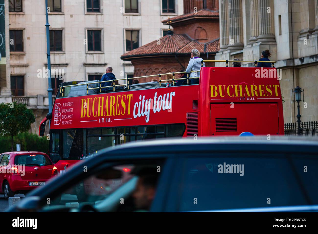 Tourist double decker red bus. Bucharest City Tour Bus. Bucharest ...