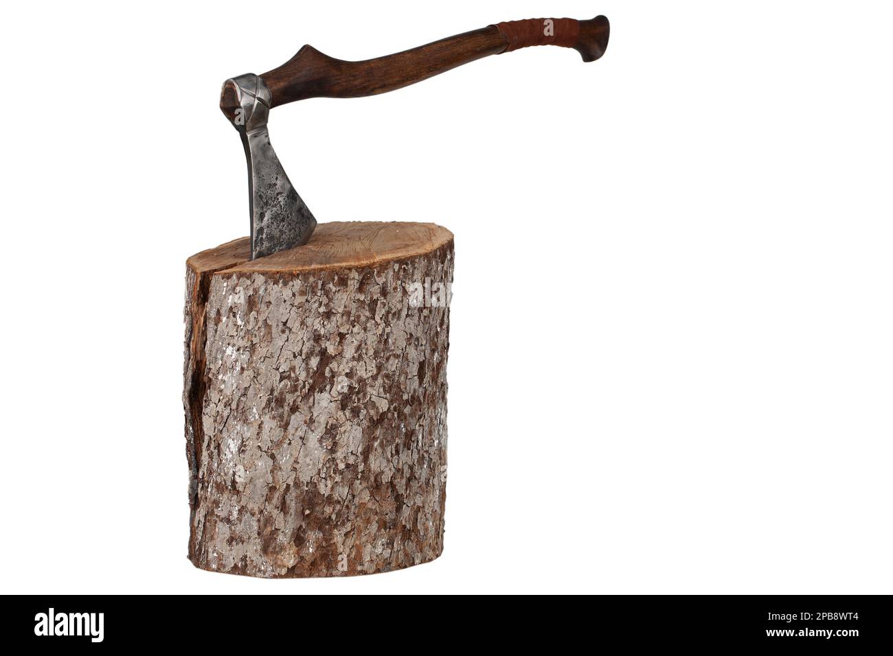 antique viking axe with wooden handle in wood log on white background ...