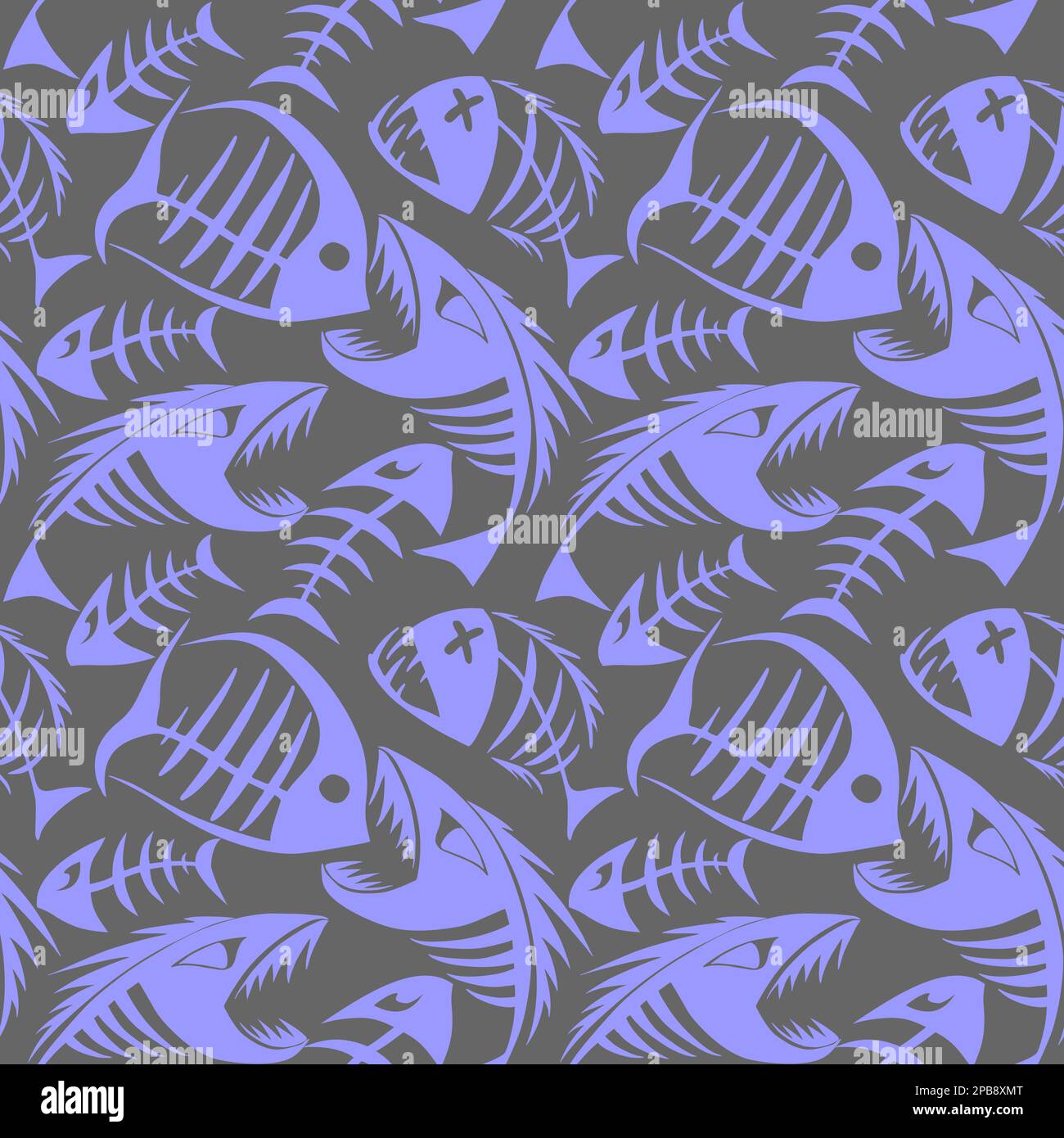 bright seamless pattern of blue graphic fish skeletons on a gray ...