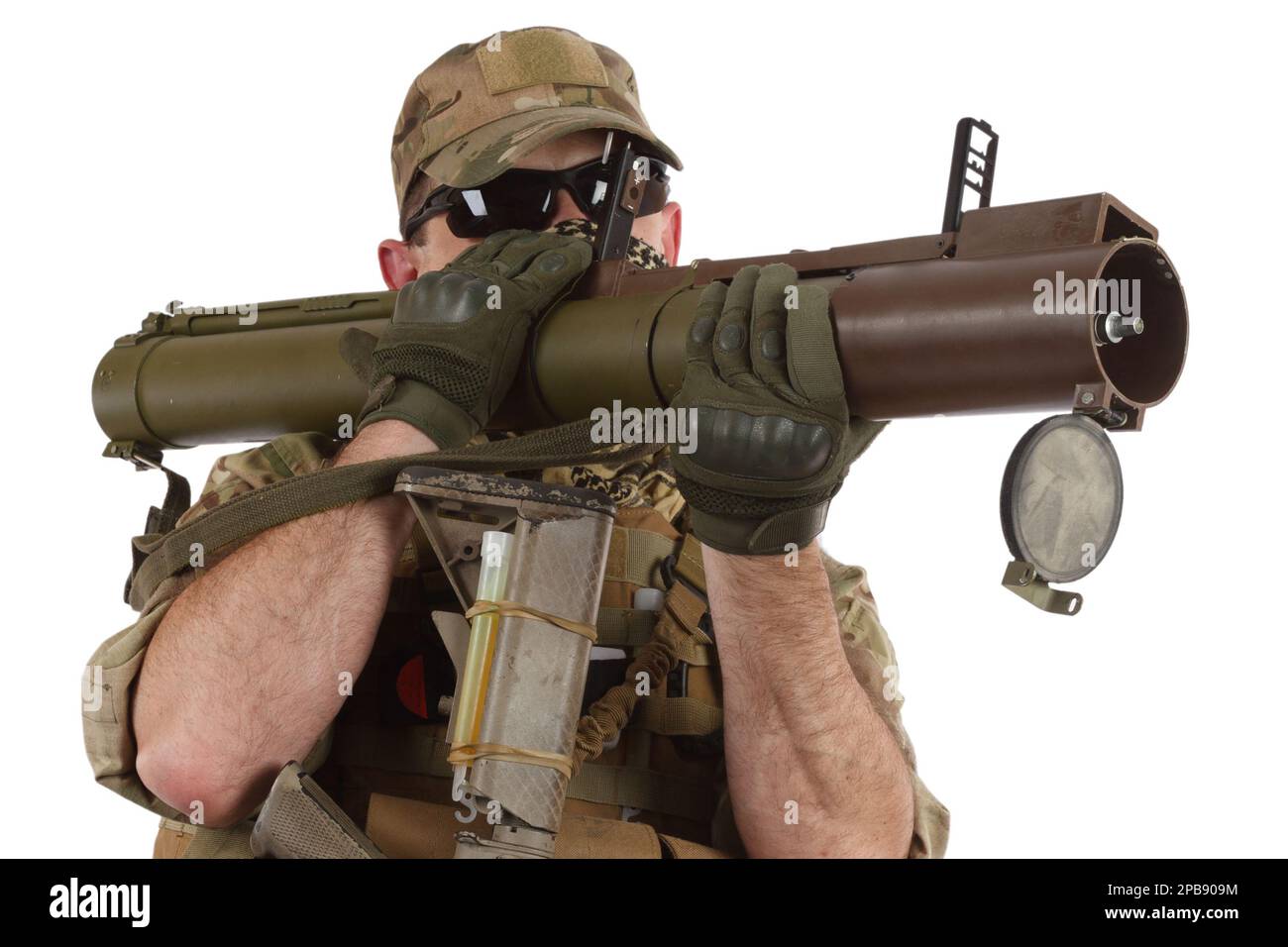 Private Military Company operator fire RPG rocket launcher isolated on ...