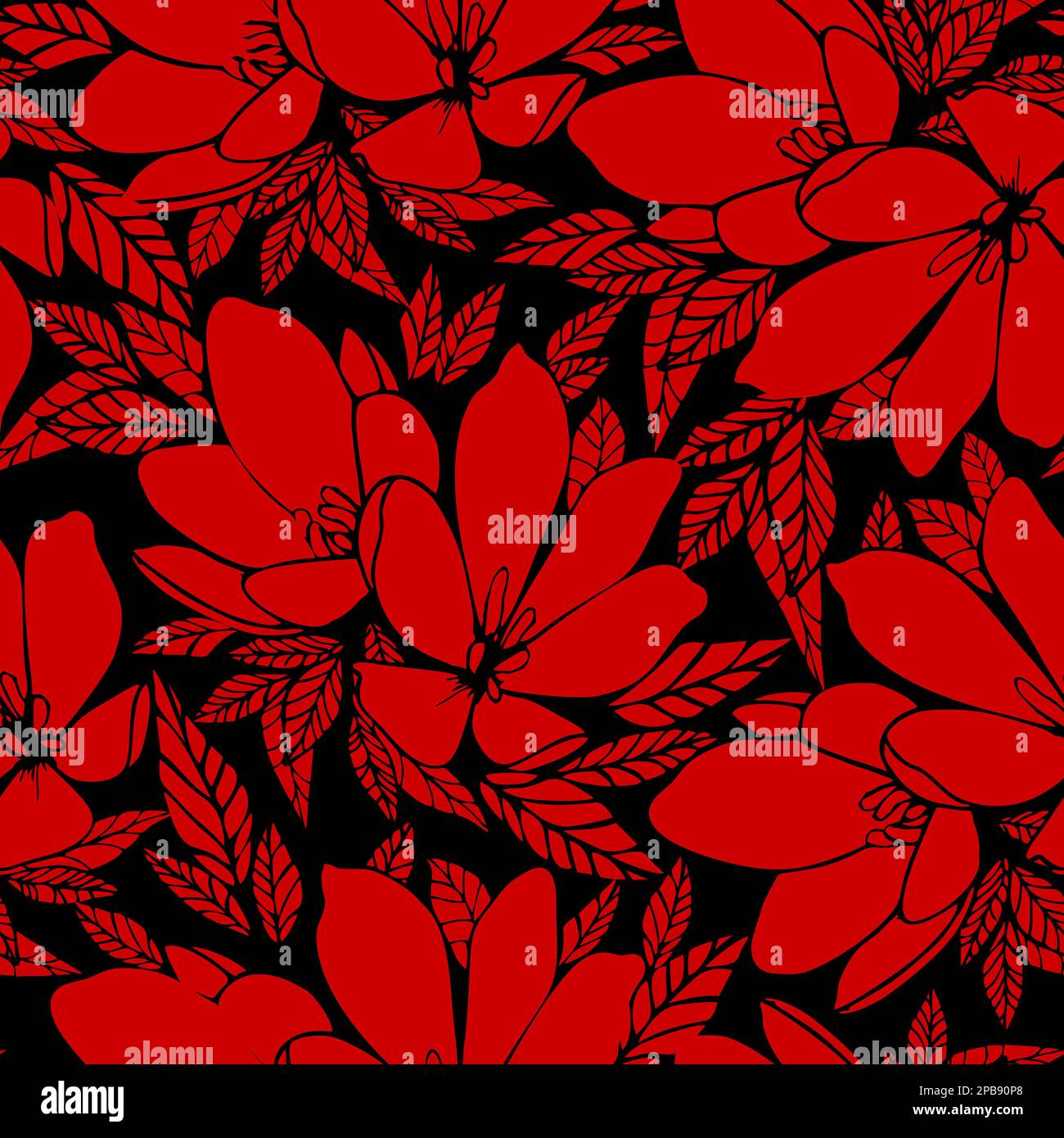 asymmetrical seamless floral red outline pattern on black background ...