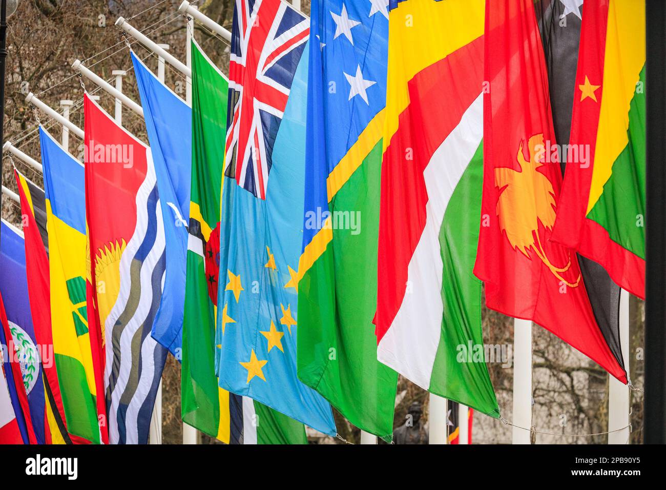 London, UK. 12th Mar, 2023. The flags of the Commonwealth Nations are ...