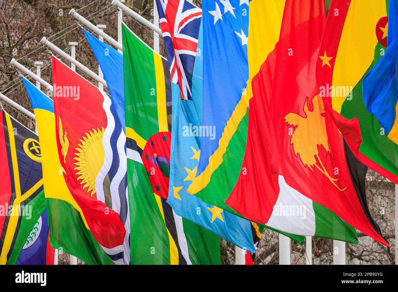 London, UK. 12th Mar, 2023. The flags of the Commonwealth Nations are ...