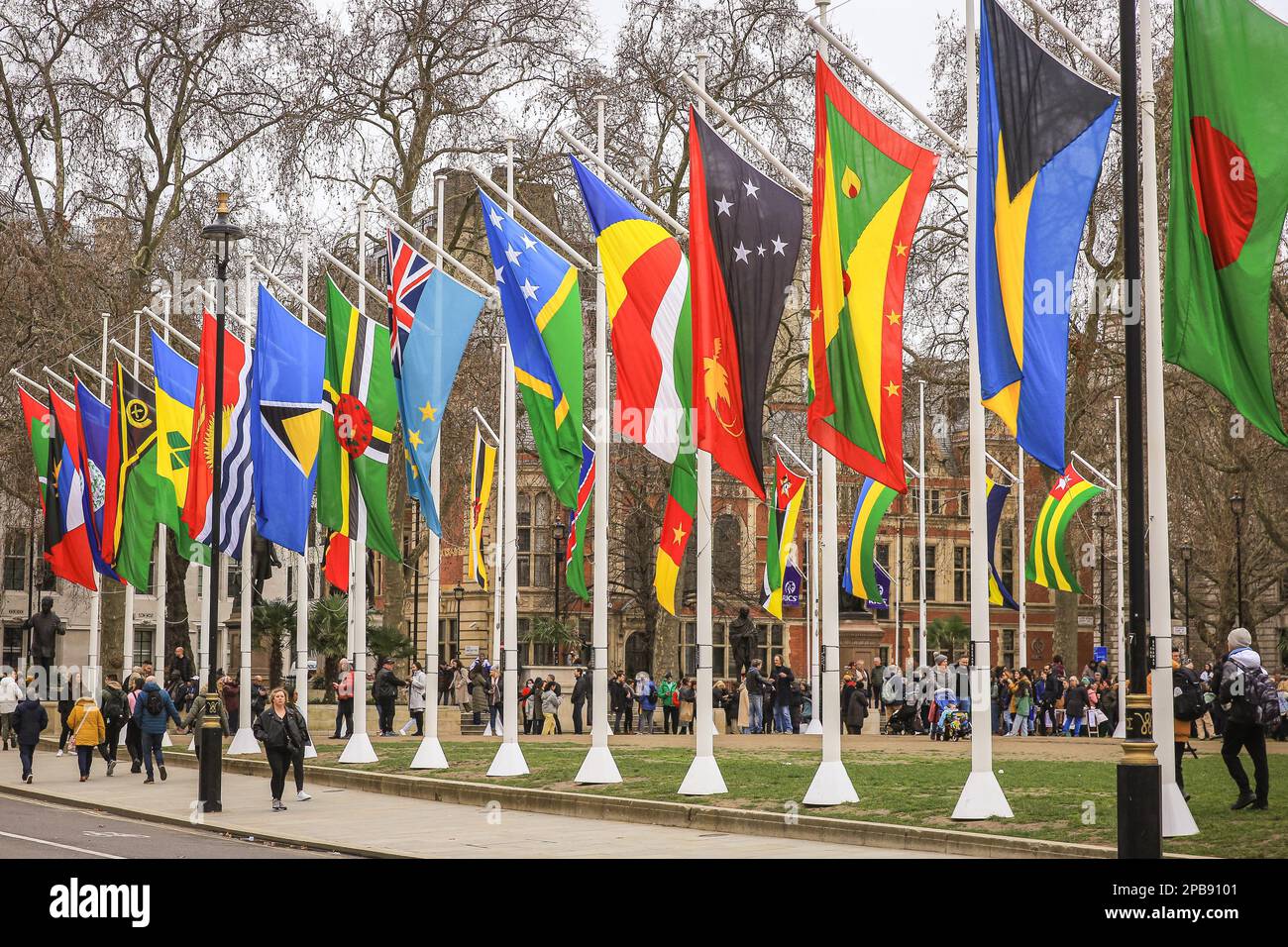 London, UK. 12th Mar, 2023. The flags of the Commonwealth Nations are ...