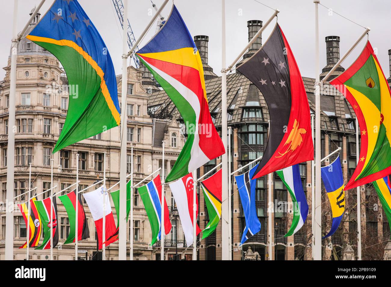 London, UK. 12th Mar, 2023. The flags of the Commonwealth Nations are ...