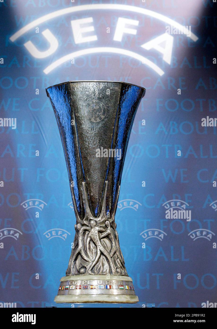 The UEFA cup is on display, during the drawing of the games for the ...