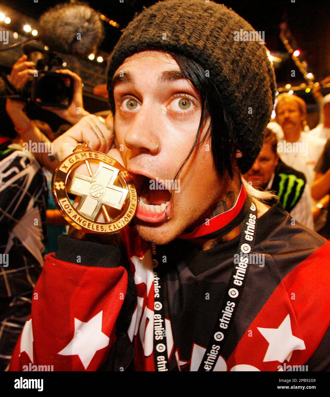 Kyle Loza celebrates after winning the Moto X Best Trick finals of the ...